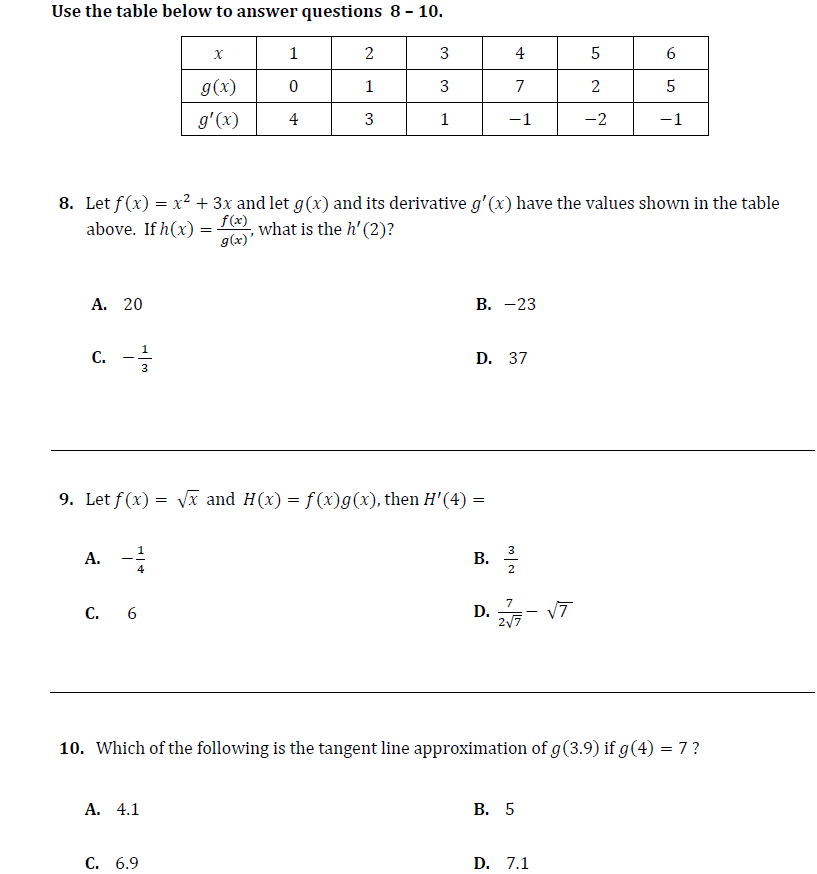 Solved Use the table below to answer questions 8 - 10. X 1 2 | Chegg.com