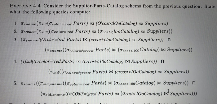 (Solved) : Exercise 44 Consider Supplier Parts Catalog Schema Previous ... (Solved) : Exercise 44 Consider Supplier Parts Catalog Schema Previous ...