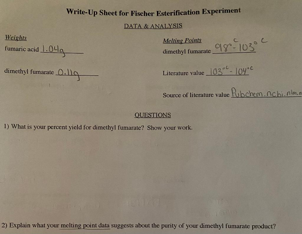 Solved Write-Up Sheet for Fischer Esterification Experiment | Chegg.com