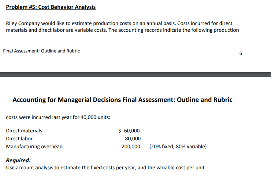 Solved Problem \#5: Cost Behavior Analysis Riley Company | Chegg.com