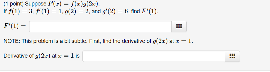 Solved (1 point) Suppose F(x)=f(x)g(2x) If | Chegg.com