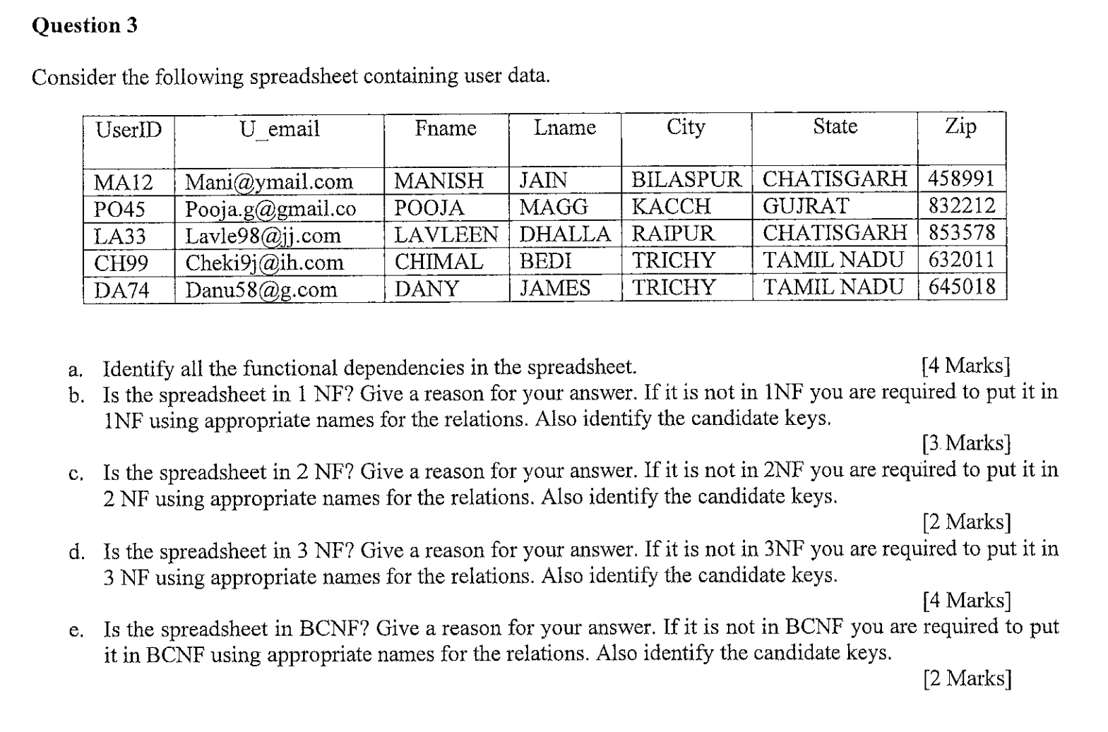 Solved Consider The Following Spreadsheet Containing User