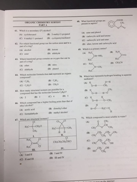 Solved ORGANIC CHEMISTRY SUBTEST 68. What functional groups | Chegg.com