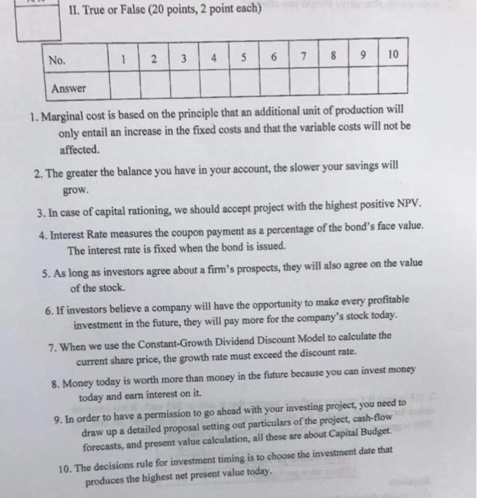 Solved IL. True or False (20 points, 2 point each) No. | Chegg.com