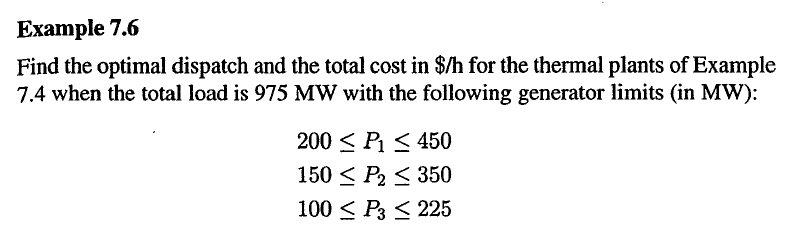 Solved Example 7.6 Find the optimal dispatch and the total | Chegg.com
