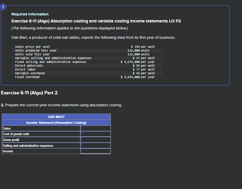 Solved Exercise 6-11 (Algo) Absorption costing and variable | Chegg.com