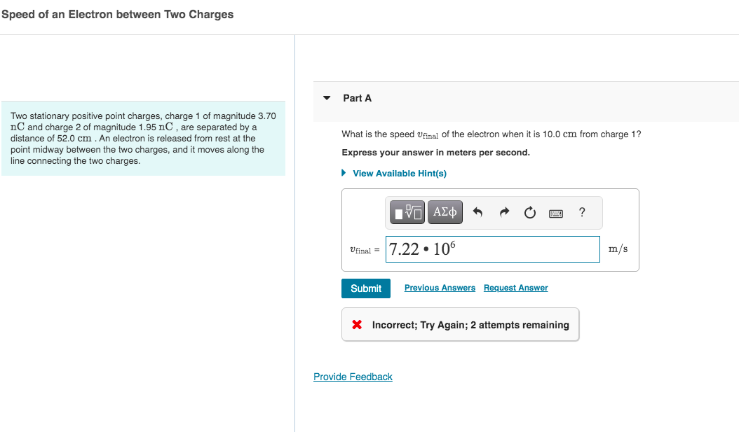Solved Speed of an Electron between Two Charges Part A Two | Chegg.com