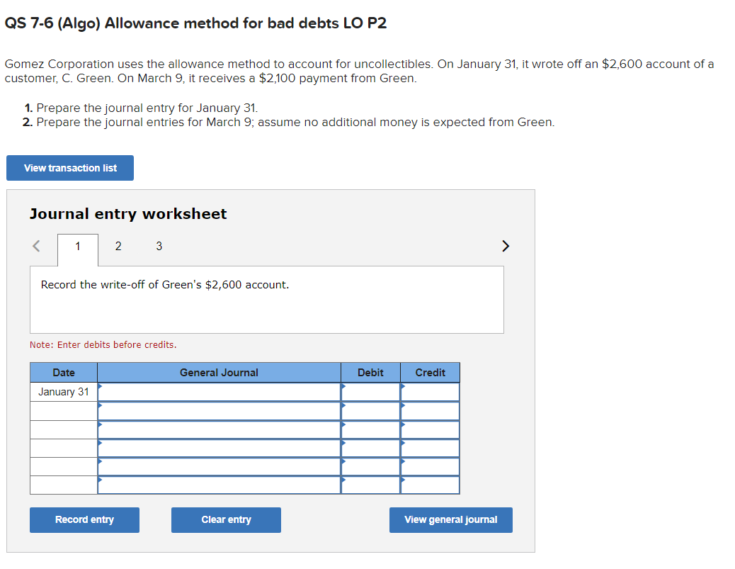 Solved QS 7-6 (Algo) Allowance method for bad debts LO P2 | Chegg.com