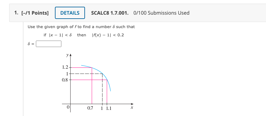 Solved 1. [-/1 Points) DETAILS SCALC8 1.7.001. 0/100 | Chegg.com