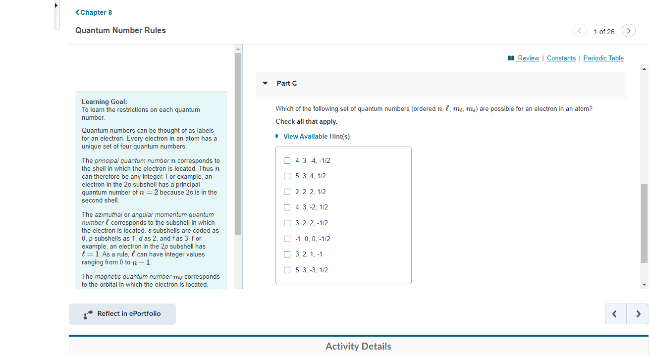 Solved Quantum Number Rules 1 of 26 Correct Learning Goal: | Chegg.com