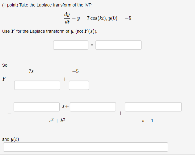 Solved (1 point) Take the Laplace transform of the IVP | Chegg.com