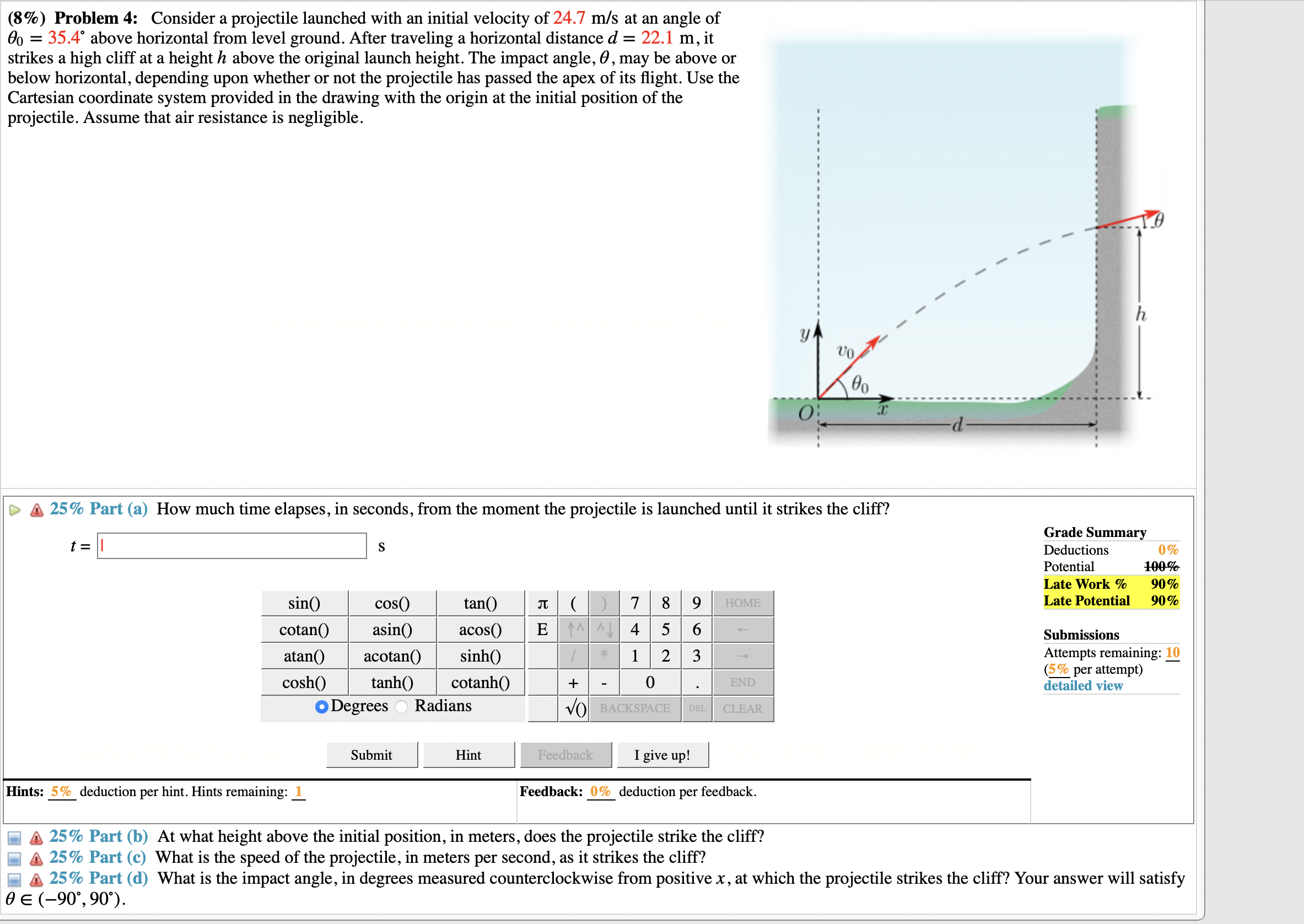 Solved (8\%) Problem 4: Consider a projectile launched with | Chegg.com