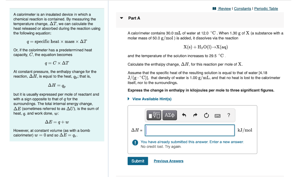 Solved Review Constants Periodic Table Part A A calorimeter | Chegg.com