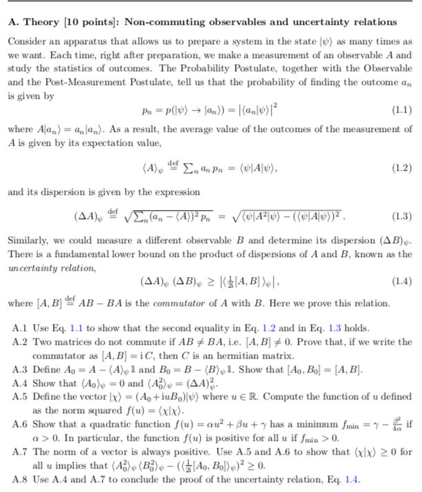 Solved A. Theory (10 points): Non-commuting observables and | Chegg.com