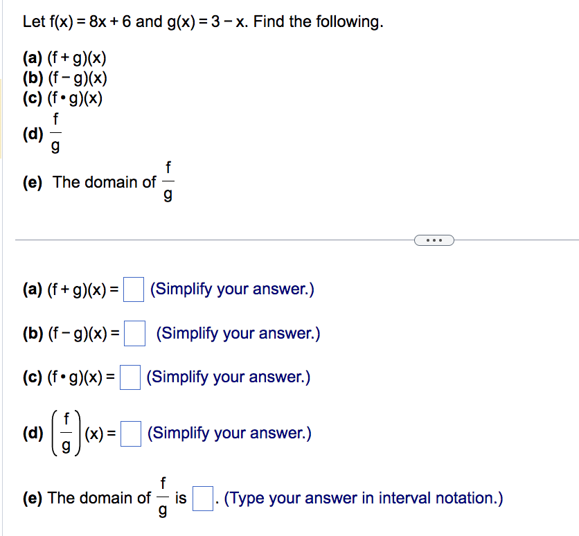 Solved Let f(x)=8x+6 and g(x)=3−x. Find the following. (a) | Chegg.com