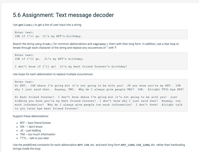 Solved 5.6 Assignment: Text message decoder Use getline () | Chegg.com