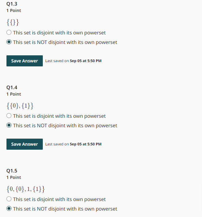 Solved Q1 Disjoint with own powerset 5 Points For each | Chegg.com