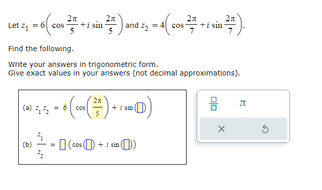 Solved Let z1=6(cos2π5+isin2π5) ﻿and | Chegg.com