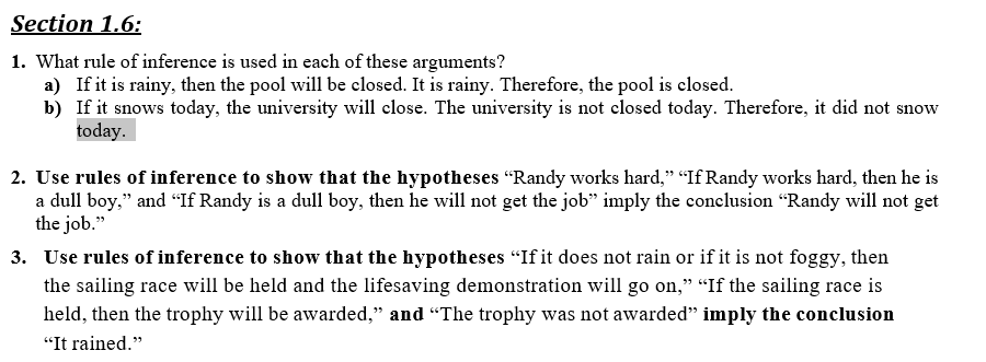 Solved Section 1.6: 1. What rule of inference is used in | Chegg.com