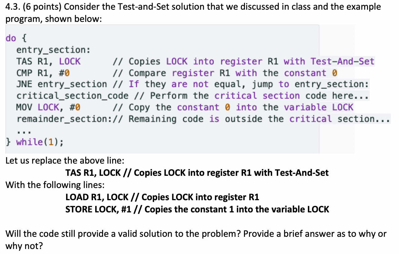 4.3. (6 points) Consider the Test-and-Set solution | Chegg.com