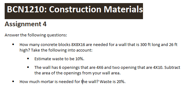 Solved BCN1210: Construction Materials Assignment 4 Answer | Chegg.com
