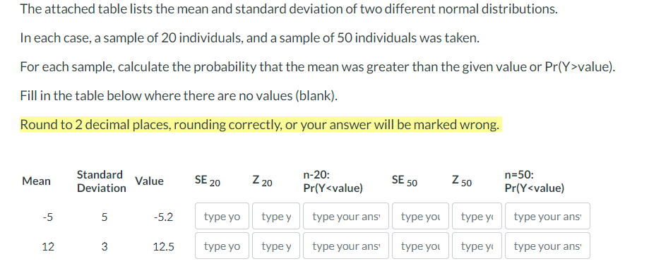 Solved The attached table lists the mean and standard | Chegg.com