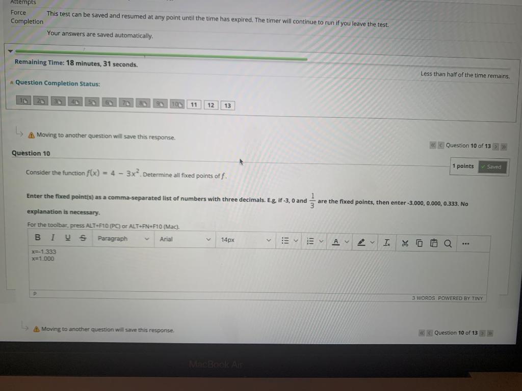 Solved Attempts Force Completion This test can be saved and | Chegg.com