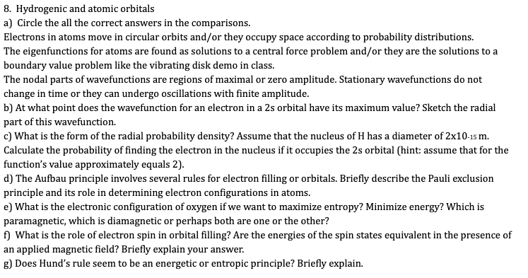 Solved 8. Hydrogenic and atomic orbitals a) Circle the all | Chegg.com