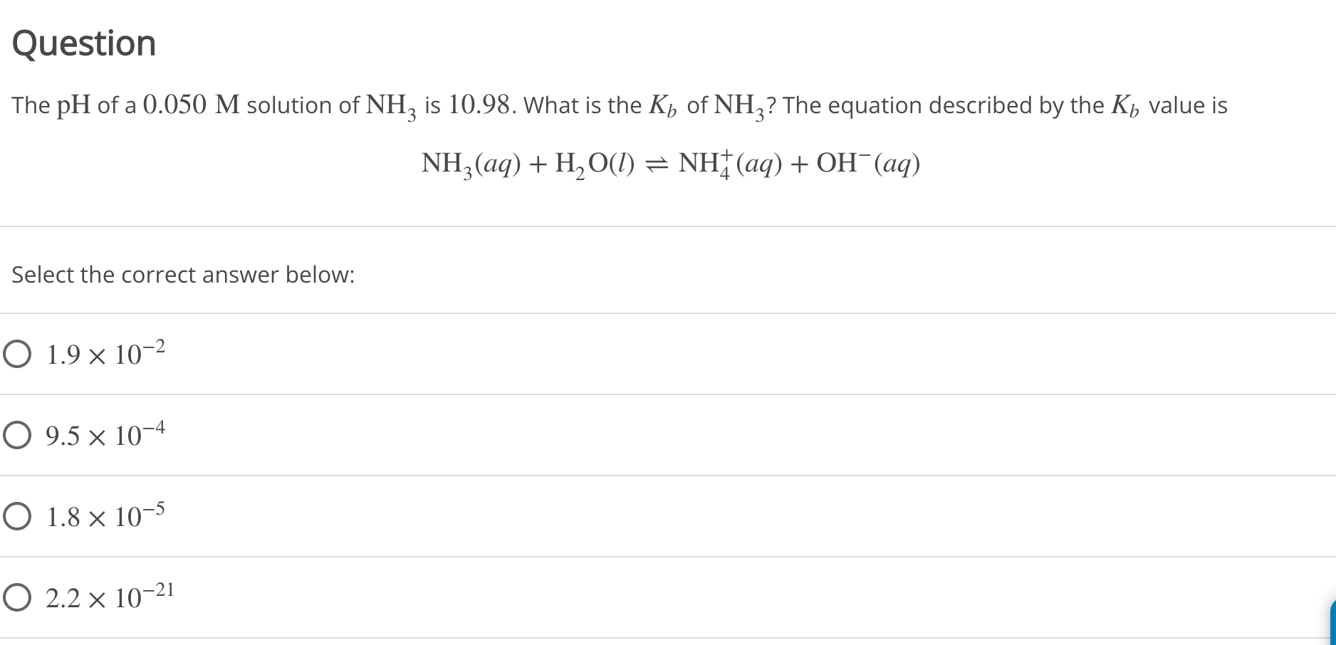Solved The pH of a 0.050M solution of NH3 is 10.98. What is | Chegg.com