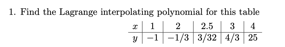 Solved 1. Find the Lagrange interpolating polynomial for | Chegg.com