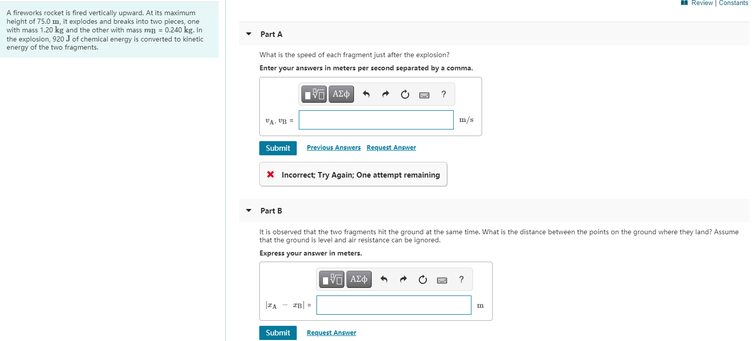 Solved 1 Review Constants A fireworks rocket is fired | Chegg.com
