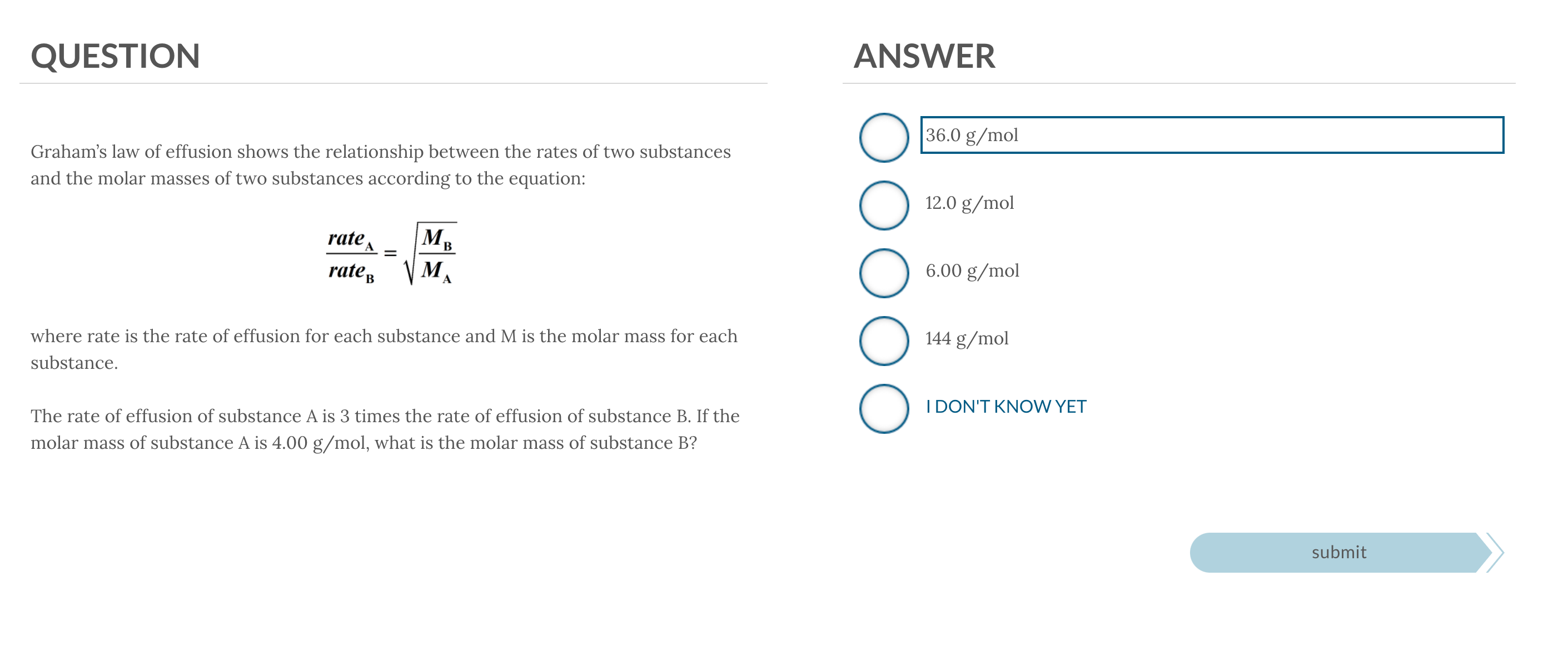 Solved QUESTION ANSWER Graham's law of effusion shows the | Chegg.com