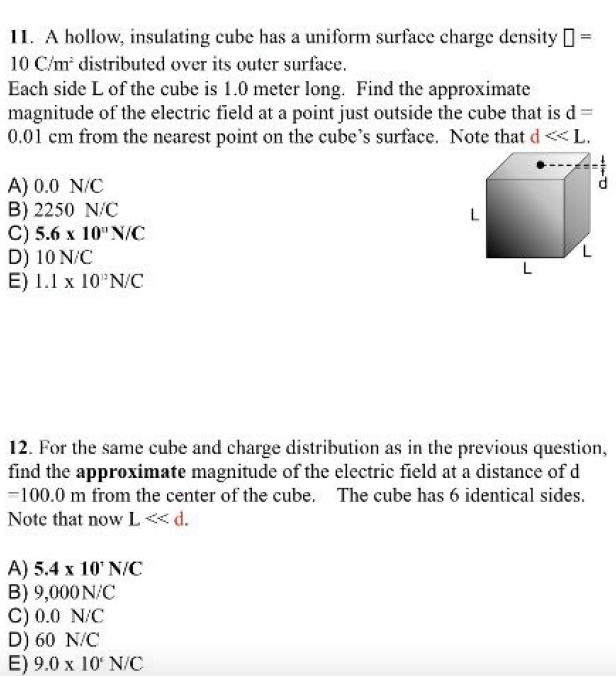 Solved 11. A hollow, insulating cube has a uniform surface | Chegg.com
