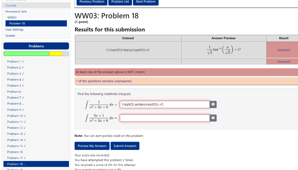 Solved WW03: Problem 18 (1 point) Results for this | Chegg.com