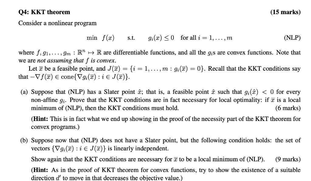Q4: KKT theorem (15 marks) Consider a nonlinear | Chegg.com