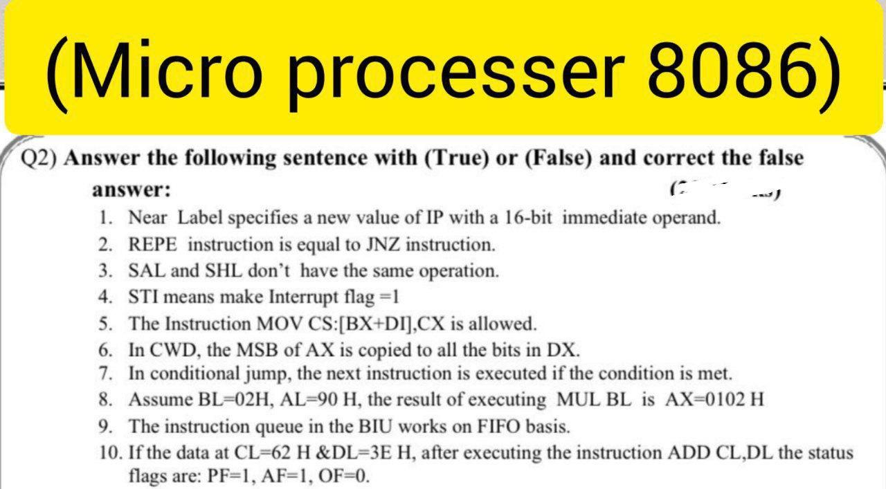 Solved (Micro processer 8086) Q2) Answer the following | Chegg.com