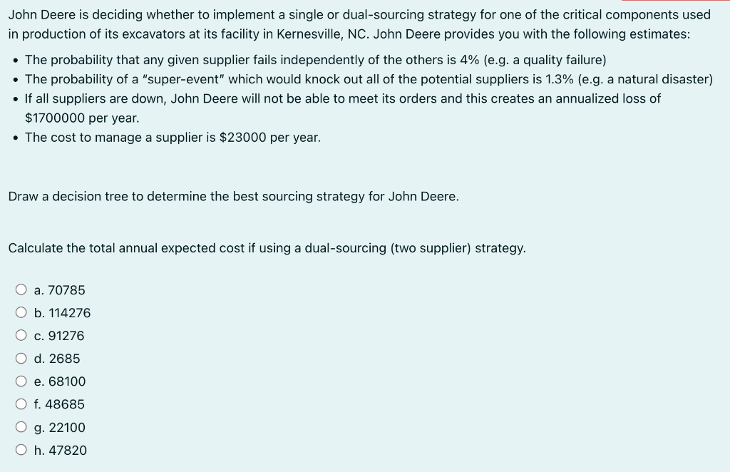 Solved John Deere is deciding whether to implement a single | Chegg.com