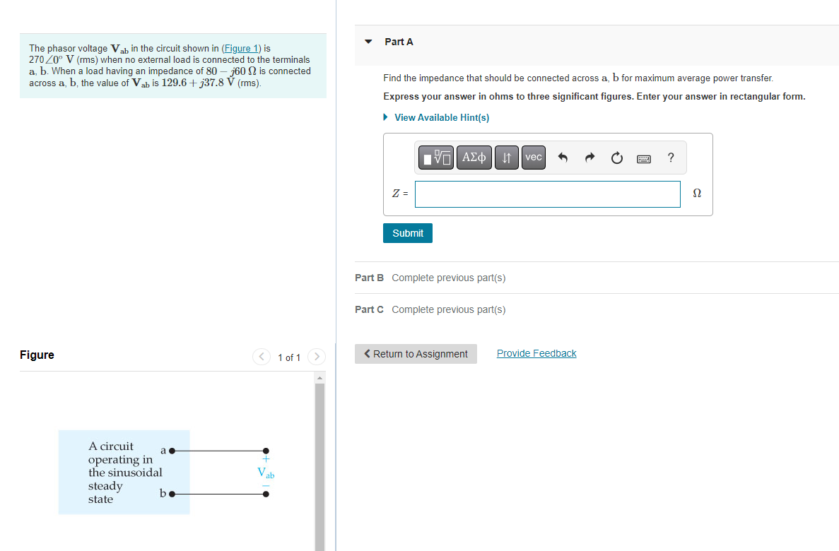 Solved Part A The phasor voltage Vab in the circuit shown in | Chegg.com