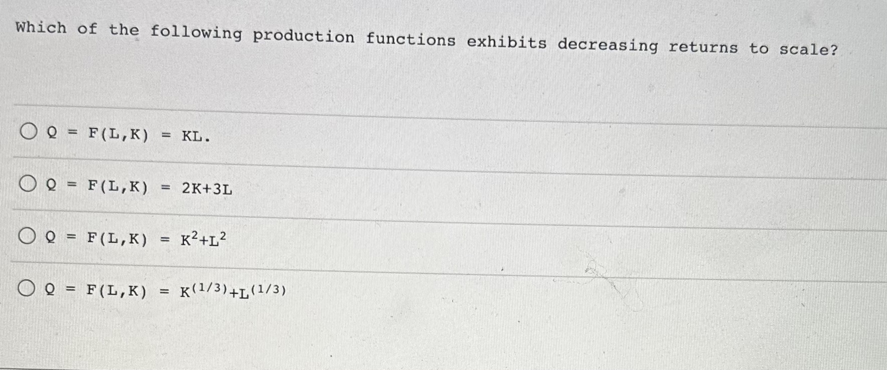 Solved Which of the following production functions exhibits | Chegg.com