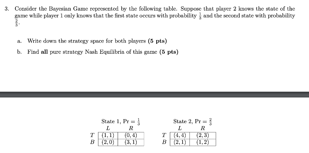 Solved 3. Consider the Bayesian Game represented by the | Chegg.com