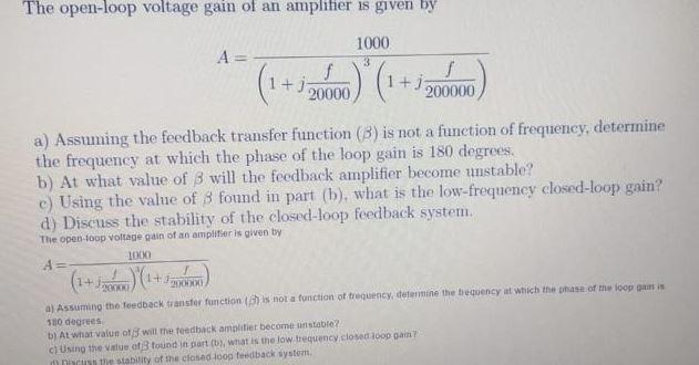 Solved The open-loop voltage gain of an amplifier is given | Chegg.com