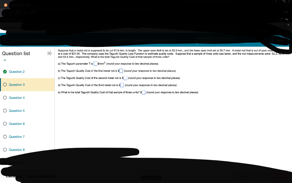 Solved a) The Taguchi parameter T is 1 inm 2 (round your | Chegg.com