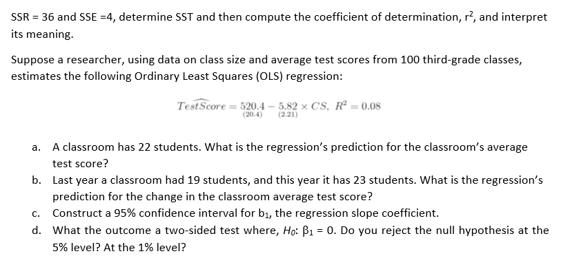 Solved Ssr 36 And Sse 4 Determine Sst And Then Compute The