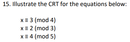 Solved 15. Illustrate the CRT for the equations below: x ≡ 3 | Chegg.com