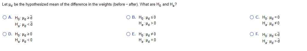 Solved Let μd be the hypothesized mean of the difference in | Chegg.com