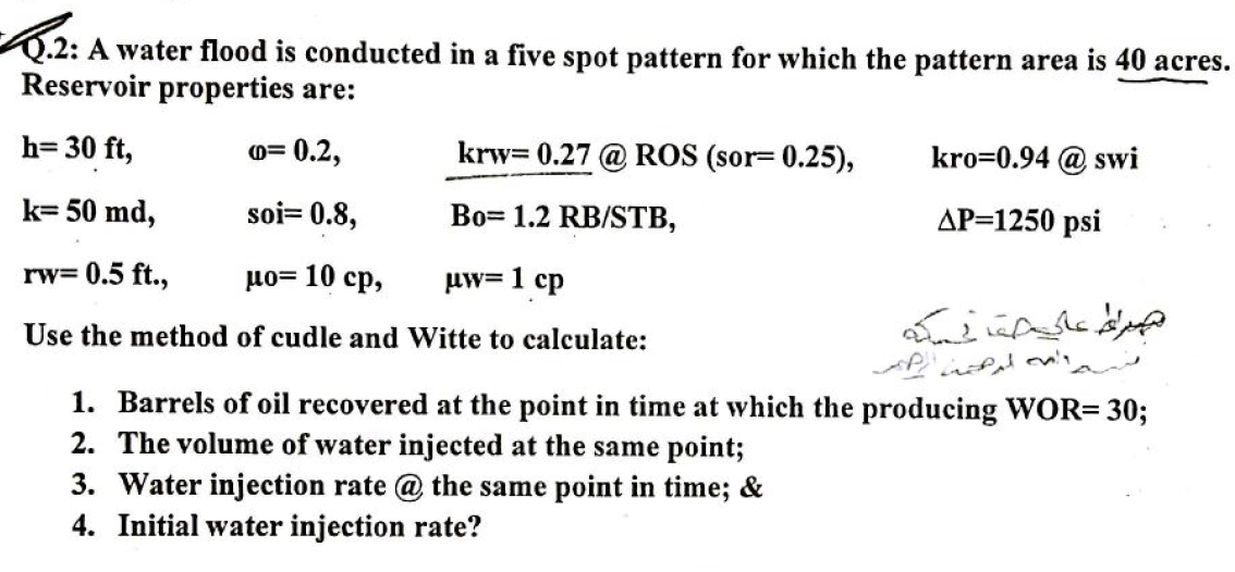 Solved Q.2: A water flood is conducted in a five spot | Chegg.com