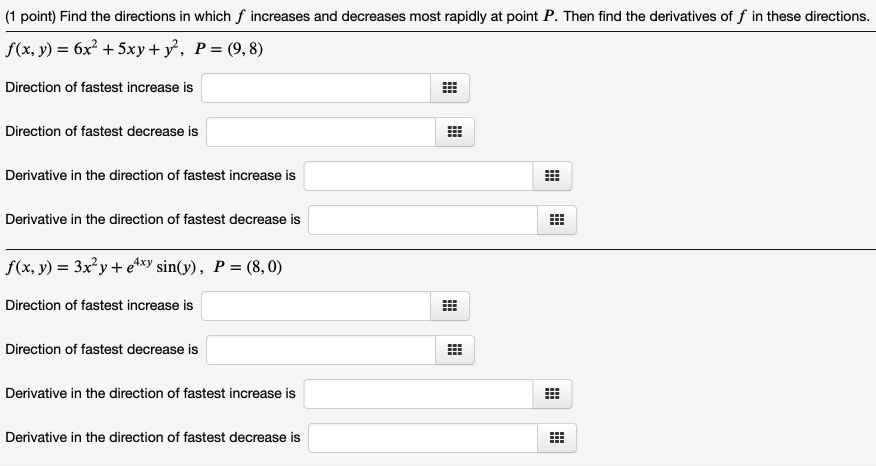 Solved (1 ﻿point) ﻿Find the directions in which f ﻿increases | Chegg.com