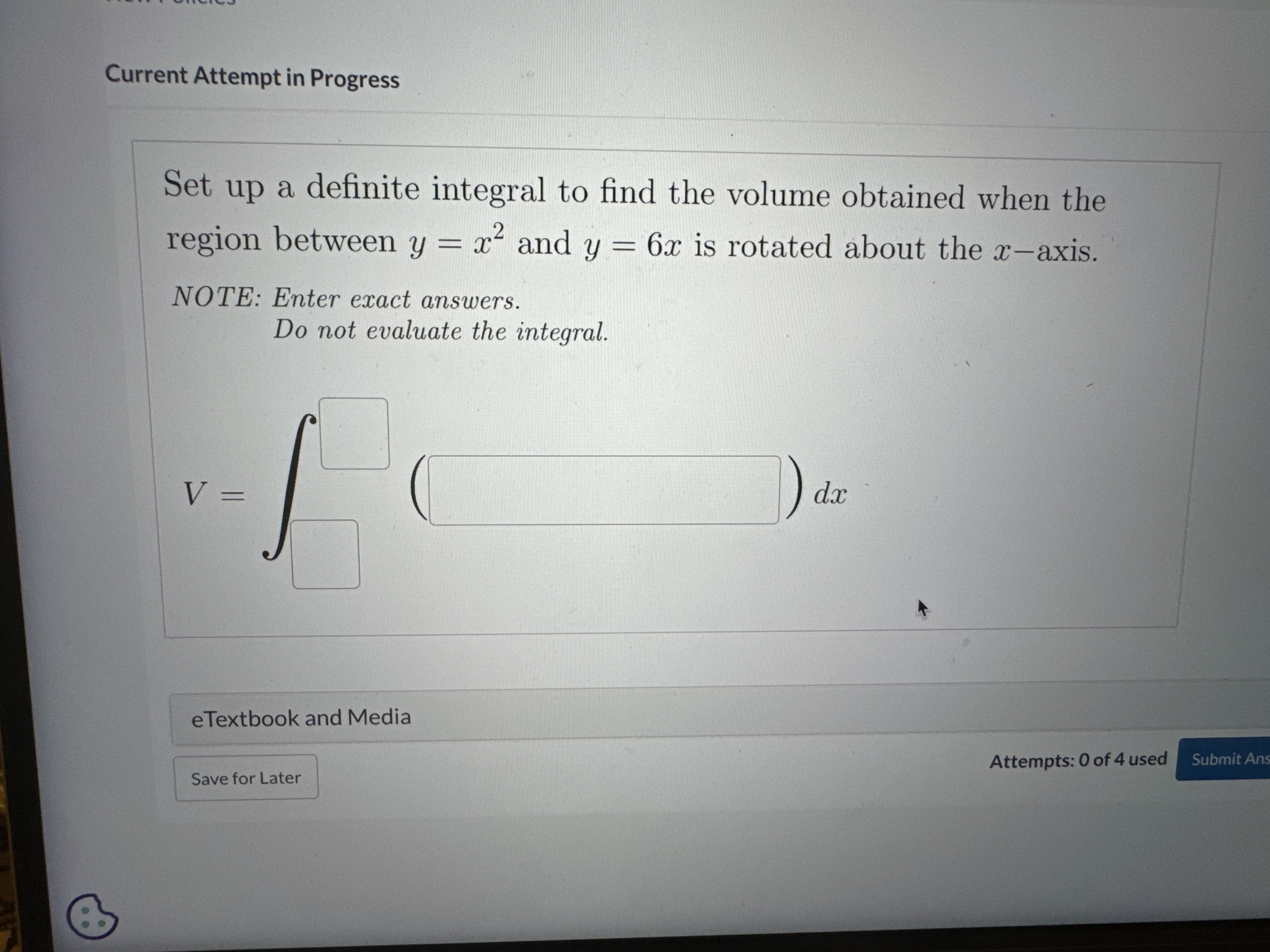 Solved Set up a definite integral to find the volume | Chegg.com