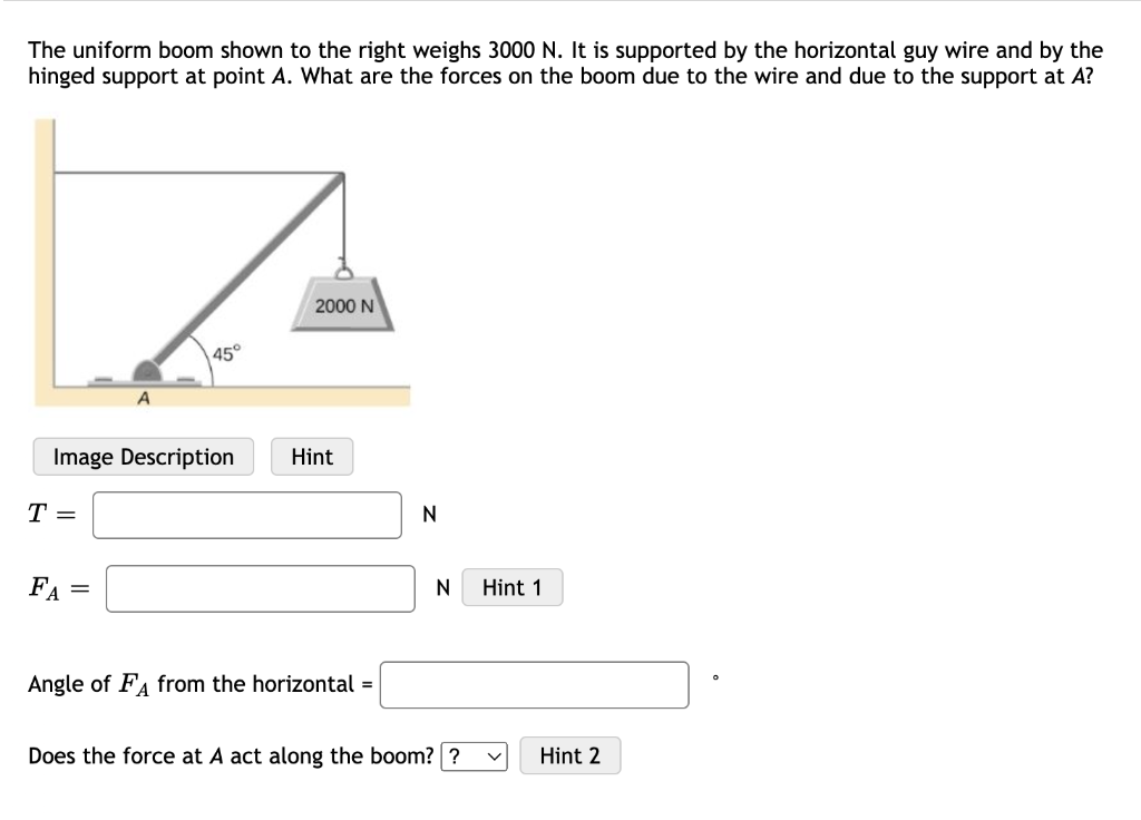 Solved The uniform boom shown to the right weighs 3000 N. It | Chegg.com