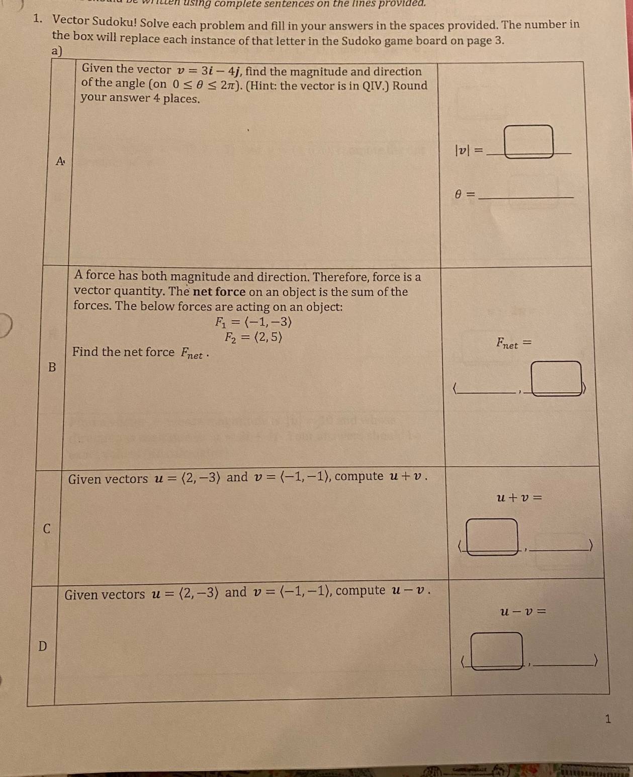 Solved Vector Sudoku! Solve each problem and fill in your | Chegg.com